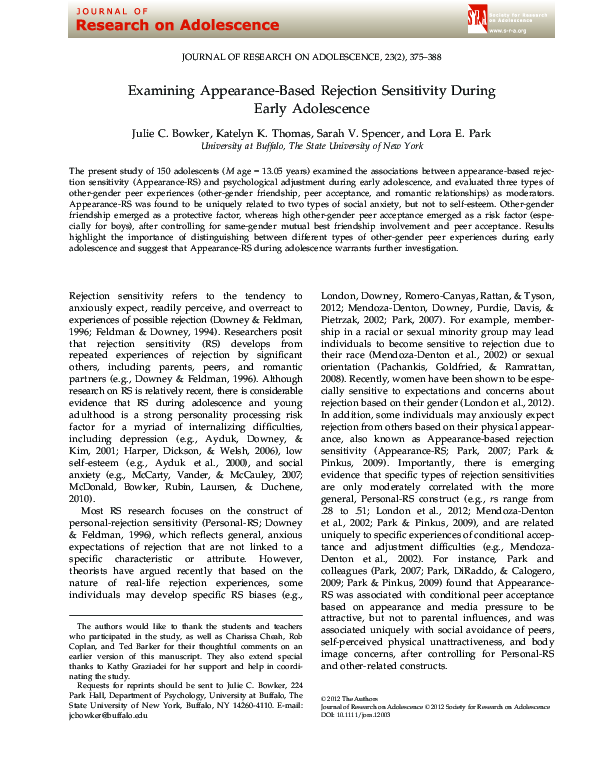 (PDF) Examining Appearance-Based Rejection Sensitivity During Early ...