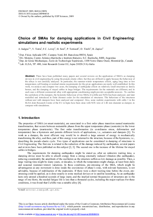 (PDF) Choice of SMAs for damping applications in Civil Engineering: simulations and realistic ...