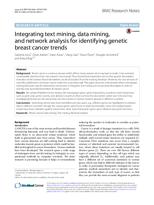 Pdf Integrating Text Mining Data Mining And Network Analysis For Identifying Genetic Breast