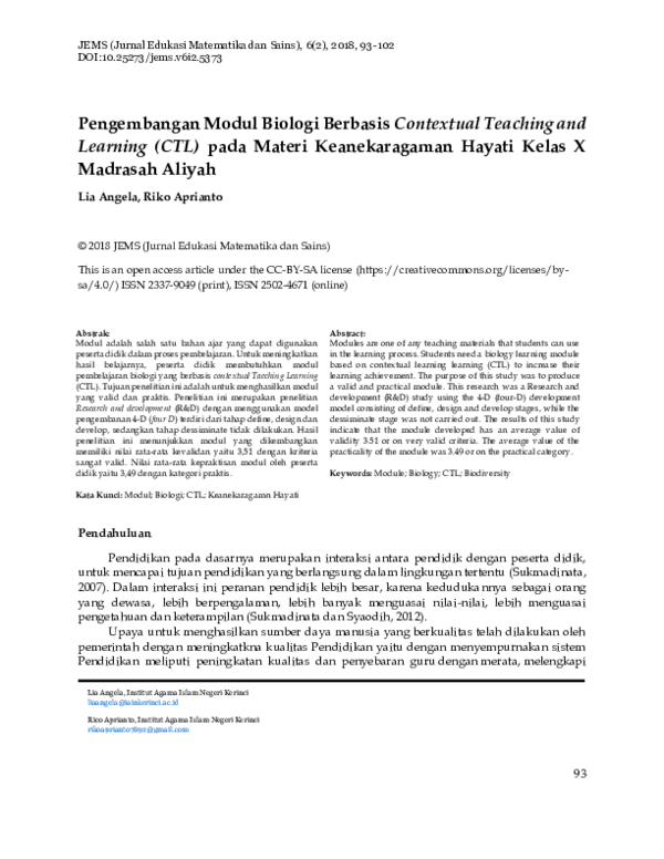 (PDF) Pengembangan Modul Biologi Berbasis Contextual Teaching and Learning (CTL) pada Materi ...