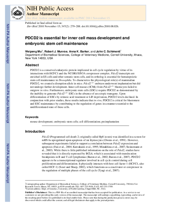 (PDF) PDCD2 is essential for inner cell mass development and embryonic ...