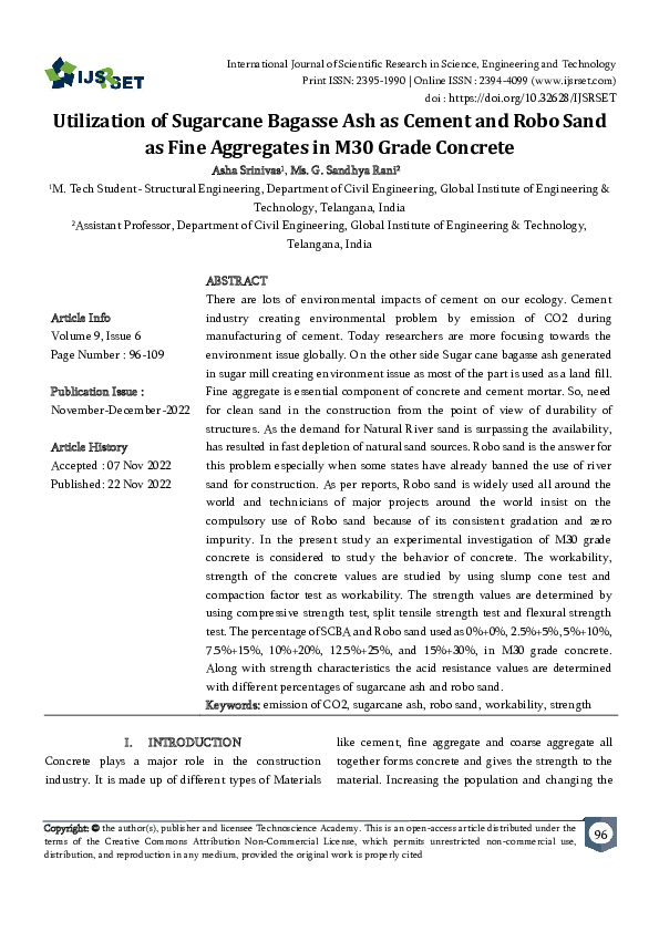 (PDF) Utilization of Sugarcane Bagasse Ash as Cement and Robo Sand as ...
