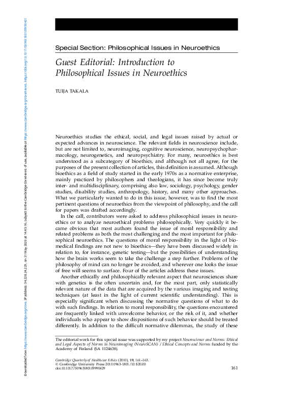 (PDF) Guest Editorial: Introduction to Philosophical Issues in Neuroethics