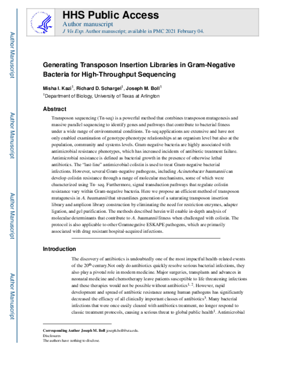 (PDF) Generating Transposon Insertion Libraries in Gram-Negative Bacteria for High-Throughput ...