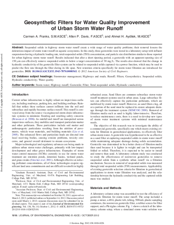 (PDF) Geosynthetic Filters for Water Quality Improvement of Urban Storm ...