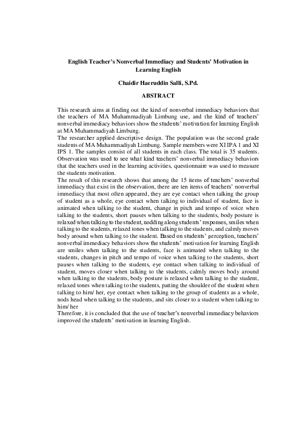 (PDF) English Teacher's Nonverbal Immediacy and Students' Motivation in ...