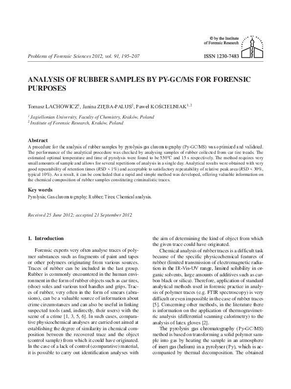 (PDF) AnAlysIs of rubber sAmples by py-GC/ms for forensIC purposes
