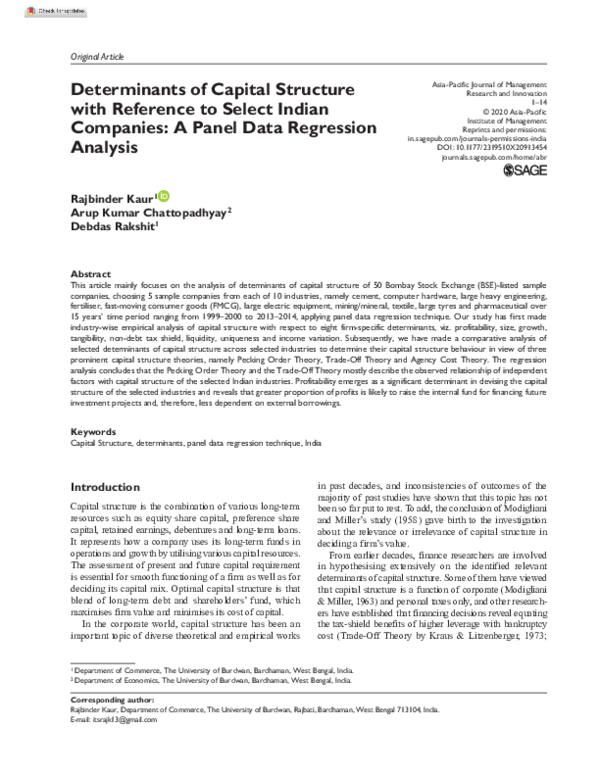 (PDF) Determinants of Capital Structure with Reference to Select Indian ...