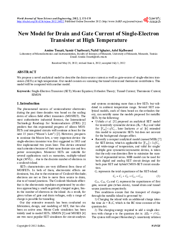 (PDF) New Model for Drain and Gate Current of Single-Electron Transistor at High Temperature ...