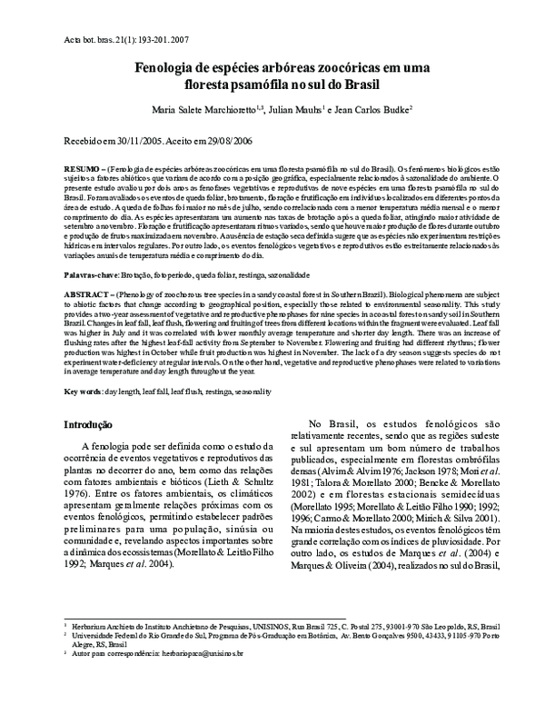 (PDF) Fenologia de esp cies arb reas zooc ricas em uma floresta psam fila no sul do Brasil