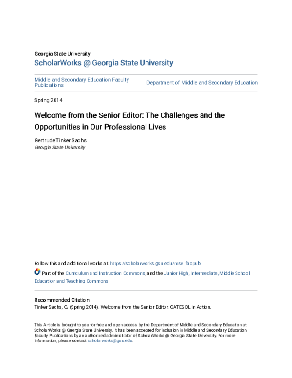 (PDF) Welcome from the Senior Editor: The Challenges and the ...