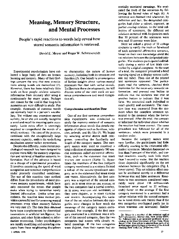 (PDF) Meaning, Memory Structure, and Mental Processes