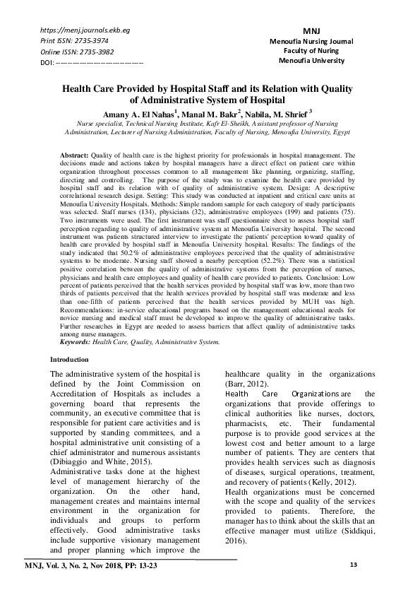 (PDF) Health Care Provided by Hospital Staff and its Relation with ...