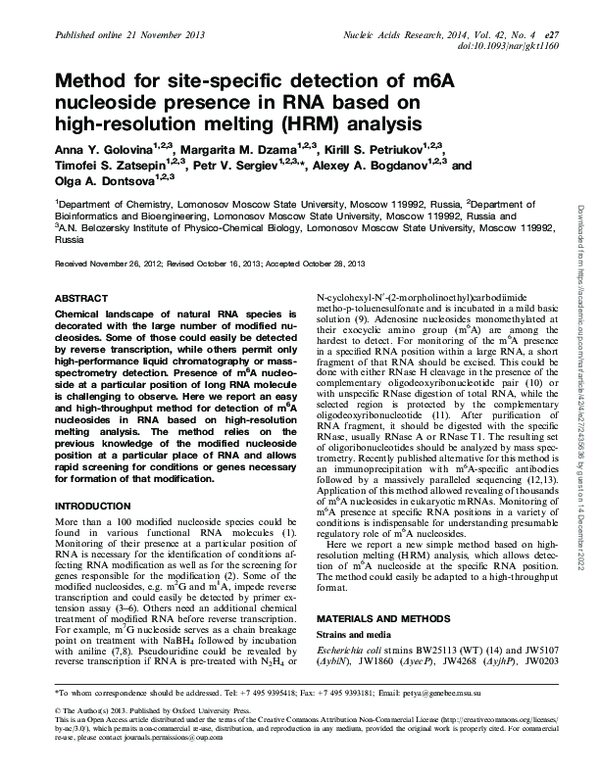 (PDF) Method for site-specific detection of m6A nucleoside presence in RNA based on high ...