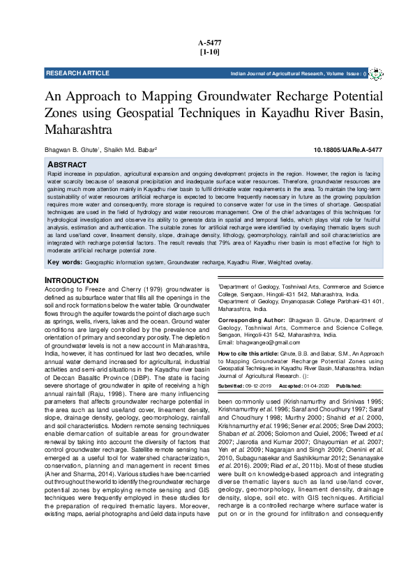 (PDF) An Approach to Mapping Groundwater Recharge Potential Zones using Geospatial Techniques in ...