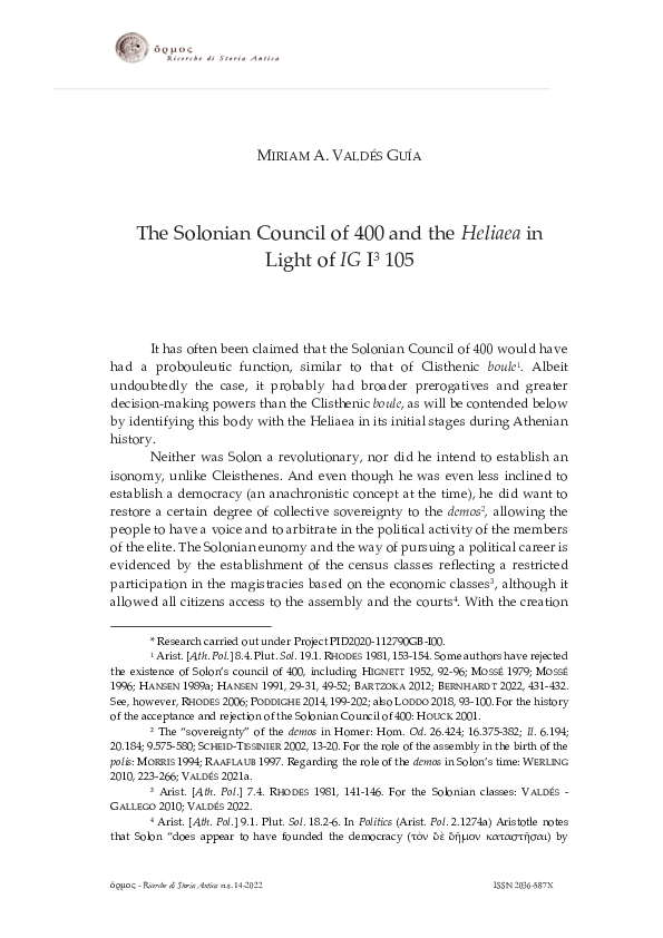 (PDF) The Solonian Council of 400 and the Heliaea in Light of IG I 3 105
