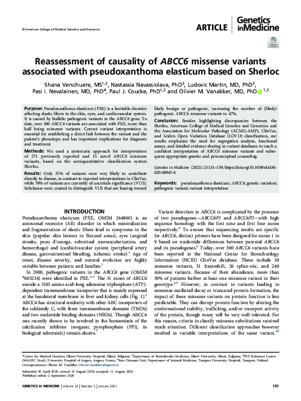 (PDF) Reassessment of causality of ABCC6 missense variants associated ...