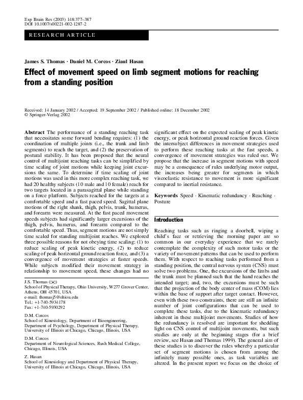 (PDF) Effect of movement speed on limb segment motions for reaching ...