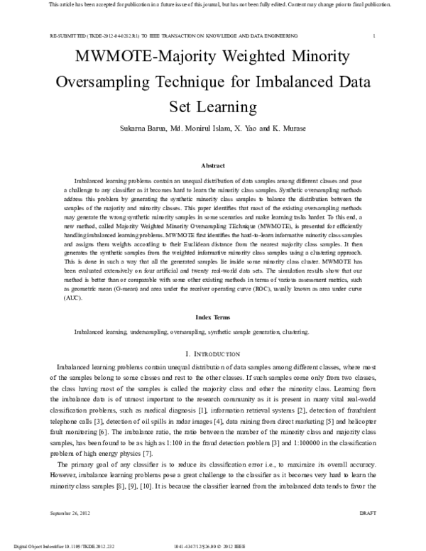 (PDF) MWMOTE--Majority Weighted Minority Oversampling Technique for Imbalanced Data Set Learning