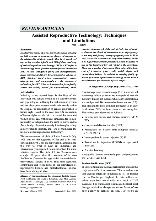 (PDF) Assisted Reproductive Technology: Techniques and Limitations
