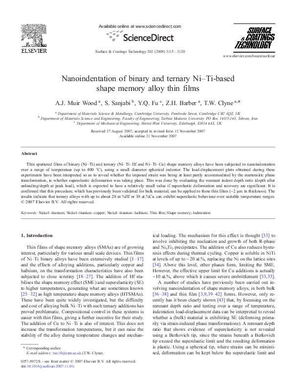 (PDF) Nanoindentation of binary and ternary Ni–Ti-based shape memory ...