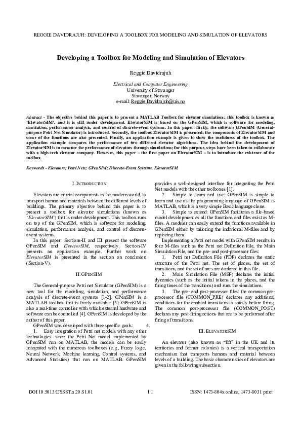 (PDF) Developing a Toolbox for Modeling and Simulation of Elevators