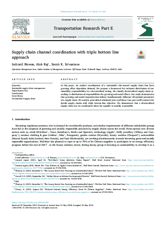 (PDF) Supply chain channel coordination with triple bottom line approach