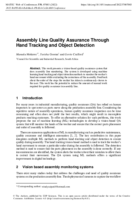 (PDF) Assembly Line Quality Assurance Through Hand Tracking and Object ...
