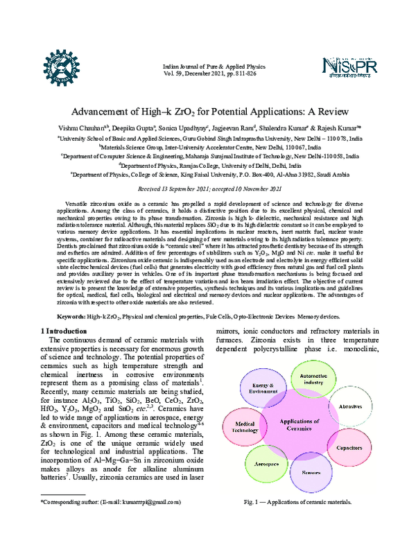 (PDF) Advancement of High–k ZrO2 for Potential Applications: A Review