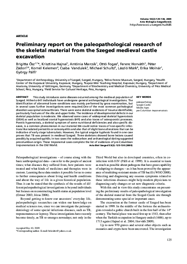 (PDF) Preliminary report on the paleopathological research of the skeletal material from Szeged ...