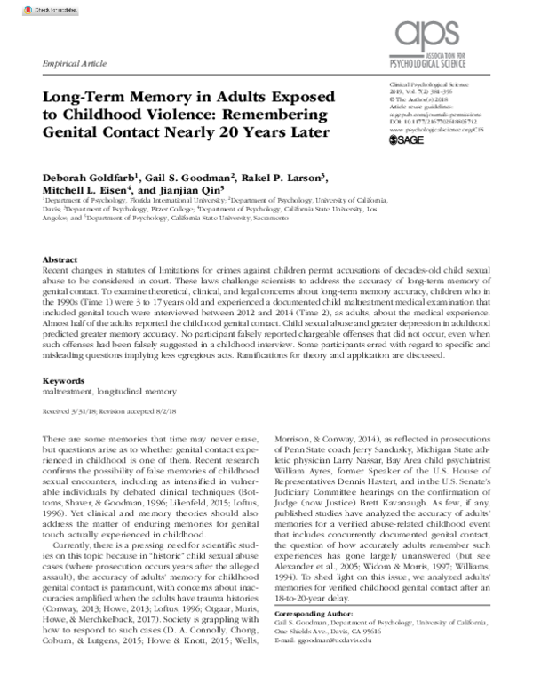 (PDF) Long-Term Memory in Adults Exposed to Childhood Violence: Remembering Genital Contact ...