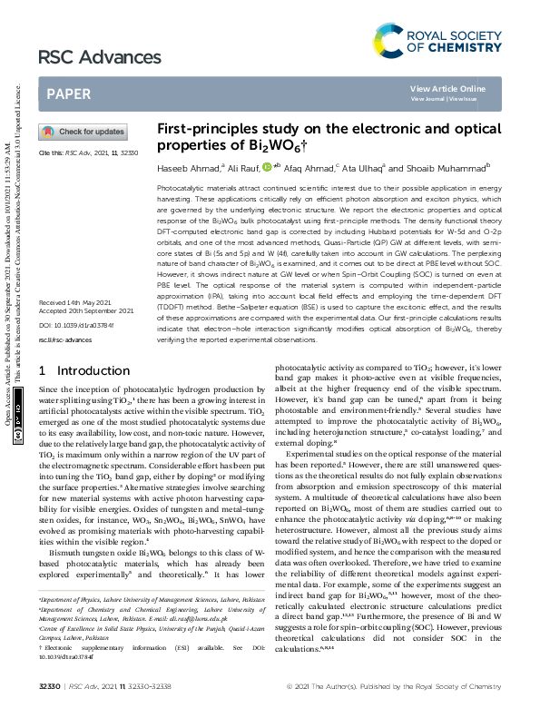 (PDF) First-principles study on the electronic and optical properties of Bi2WO6