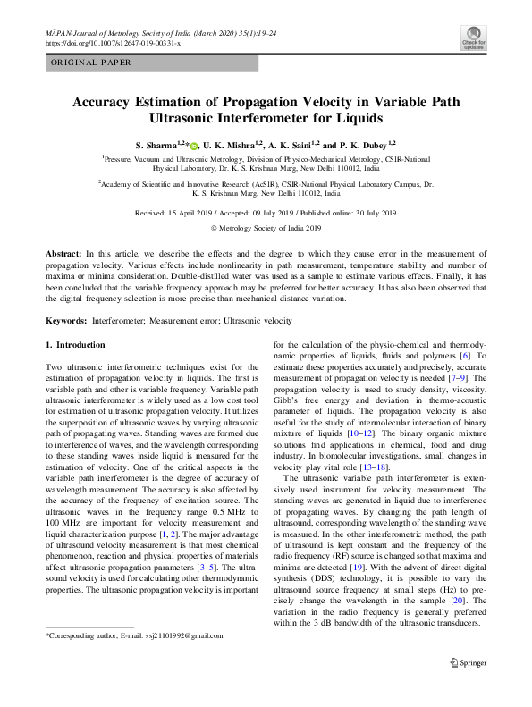 Pdf Accuracy Estimation Of Propagation Velocity In Variable Path Ultrasonic Interferometer For