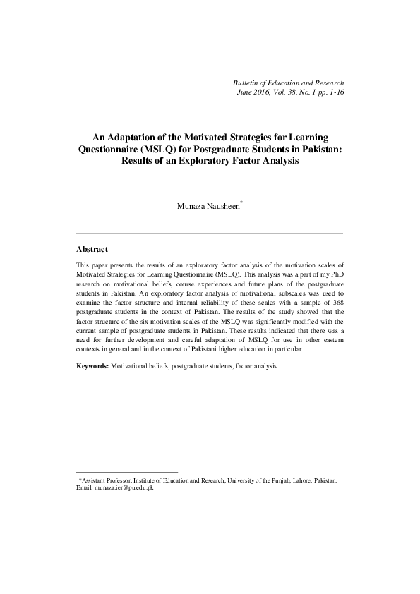 (PDF) An Adaptation of the Motivated Strategies for Learning Questionnaire (MSLQ) for ...