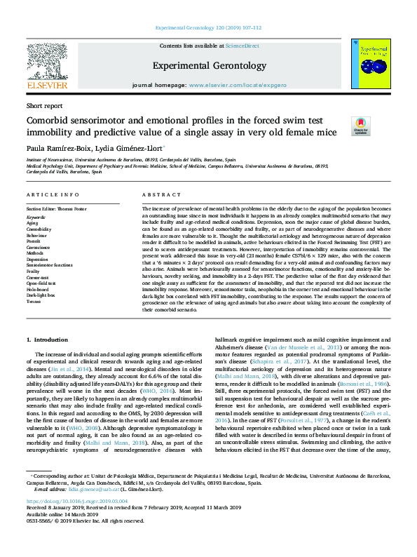(PDF) Comorbid sensorimotor and emotional profiles in the forced swim ...