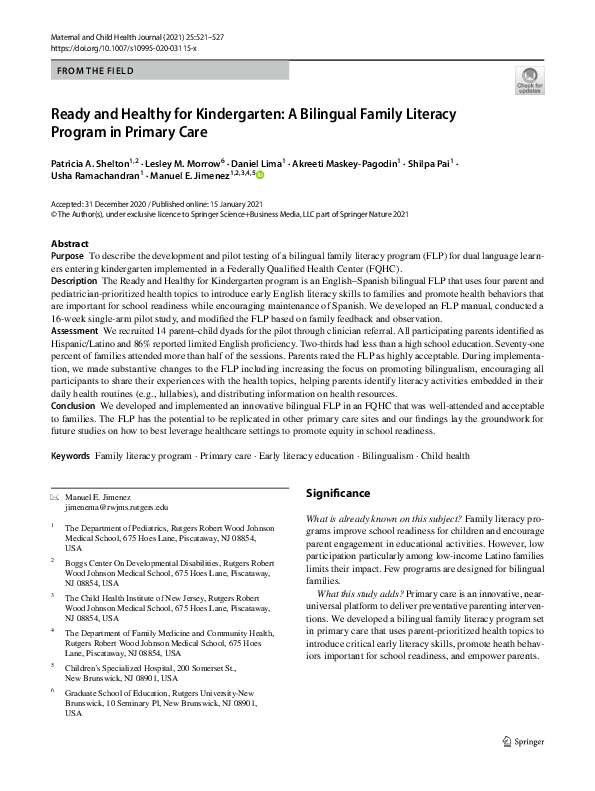 (PDF) Ready and Healthy for Kindergarten: A Bilingual Family Literacy ...