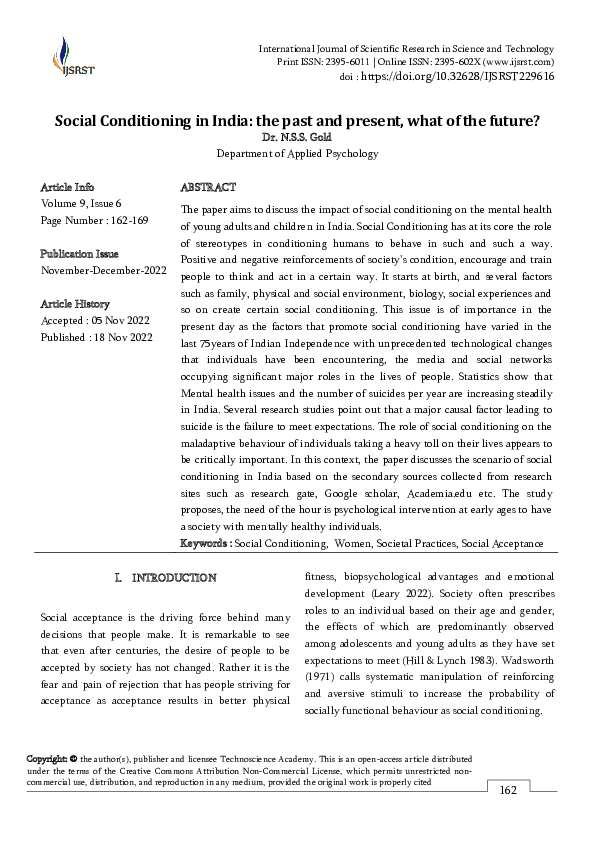 (PDF) Social Conditioning in India: the past and present, what of the future?