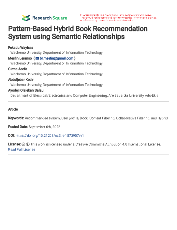 (PDF) Pattern-Based Hybrid Book Recommendation System using Semantic Relationships