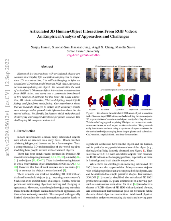 (PDF) Articulated 3D Human-Object Interactions from RGB Videos: An Empirical Analysis of ...