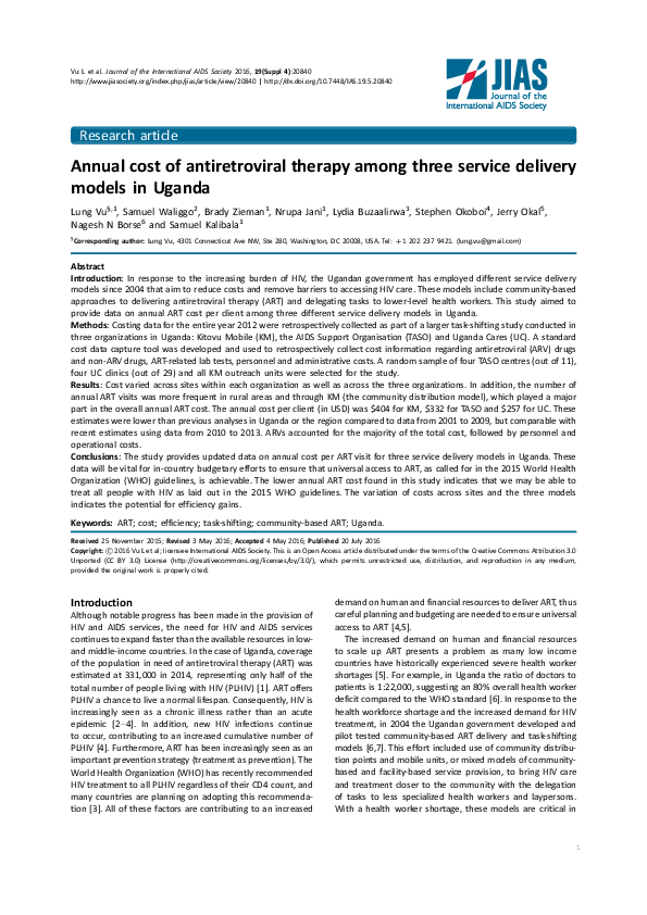 (PDF) Annual ART Costs in Uganda: A Comparison of Delivery Models