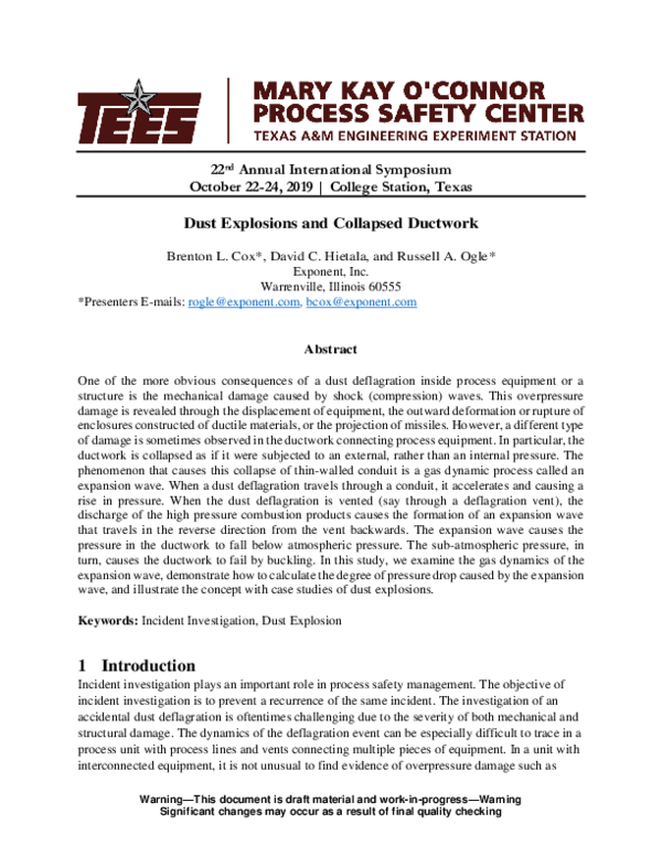 (PDF) Dust explosions and collapsed ductwork
