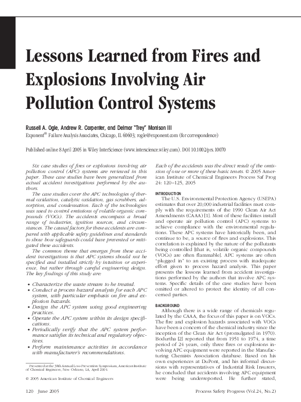 (PDF) Lessons learned from fires and explosions involving air pollution control systems