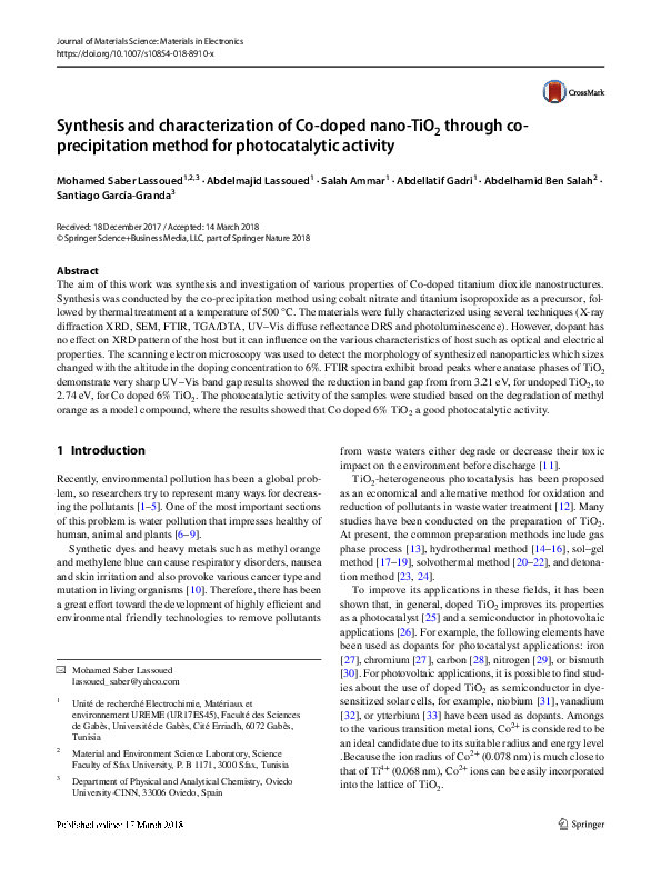 (PDF) Synthesis and characterization of Co-doped nano-TiO2 through co-precipitation method for ...