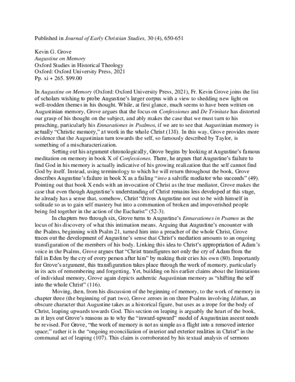 (PDF) Review of Kevin Grove's Augustine on Memory