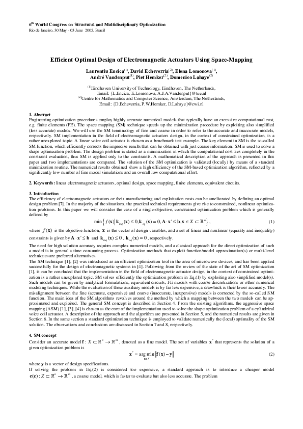 Pdf Efficient Optimal Design Of Electromagnetic Actuators Using Space Mapping