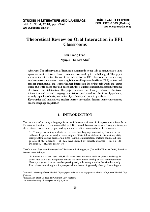 (PDF) Theoretical review on oral interaction in EFL classrooms