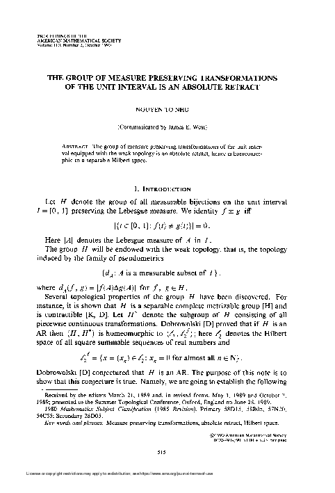 (PDF) The Group of Measure Preserving Transformations of the Unit Interval is an Absolute Retract