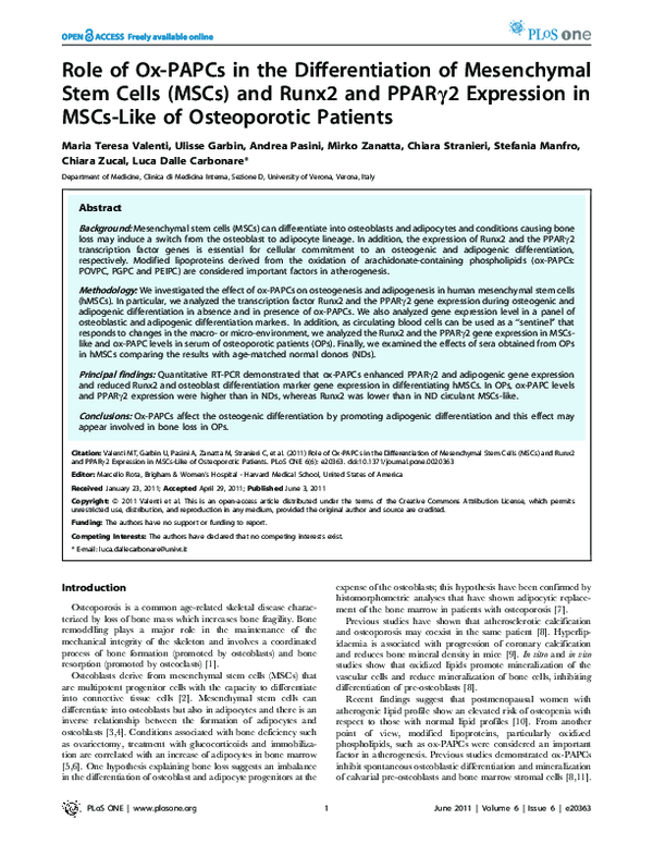 (PDF) Role of ox-PAPCs in the differentiation of mesenchymal stem cells (MSCs) and Runx2 and ...