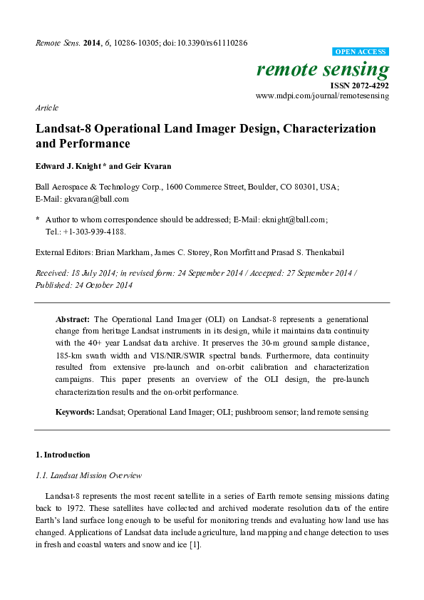 (PDF) Landsat-8 Operational Land Imager Design, Characterization and ...