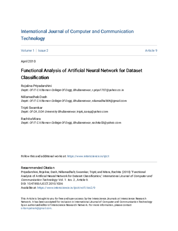 (PDF) Functional Analysis of Artificial Neural Network for Dataset Classification